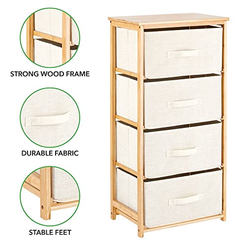 mDesign Vertical Dresser Storage Tower - 4 Drawers - Sturdy Bamboo Frame with Easy Pull Fabric Bins - Multi-Bin Organizer for Bedroom, Hallway, Entryway, Closets - Cream/Natural Wood