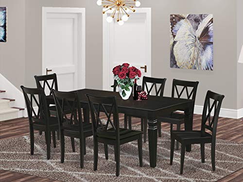 EAST WEST FURNITURE 9Pc Rectangle 66/84 inch Dining Table With 18 In Leaf And 8 Wood Seat Dining Chairs