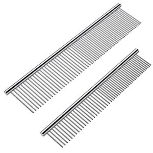 cafhelp 2 pack dog combs with rounded ends stainless steel teeth, cat comb for removing tangles and knots, professional grooming tool for long and short haired dog, cat and other pets, 6.3in/7.4in