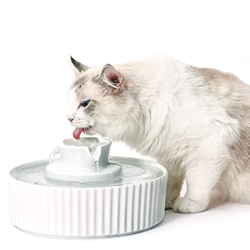 Cepheus Ceramic Pet Drinking Fountain, Ultra Quiet Cat Water Fountain, 2.1L Drinking Fountains Bowl for Cat and Dogs with Carbon Filter and Foam(White)