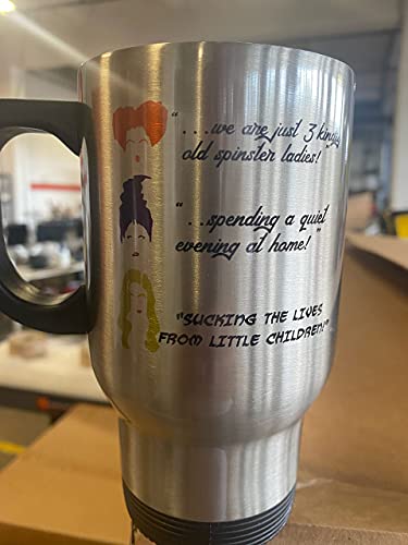 Creator's Cove Hocus Halloween novelty travel coffee mug stainless steel, Winifred Mary Sarah Sanderson sisters decor movie merchandise funny quotes cups, All Hallows eve Samhain, Dani Dennison