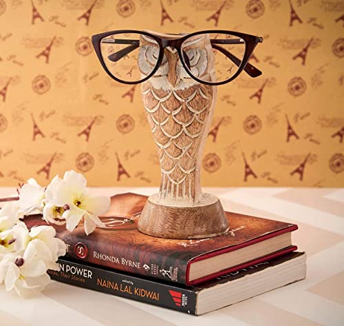 Eximious India Wooden Owl Glasses Holder Stand Reading Nightstand Eyeglass Retainer Gifts for Women Men Mom Dad Car SPWW02