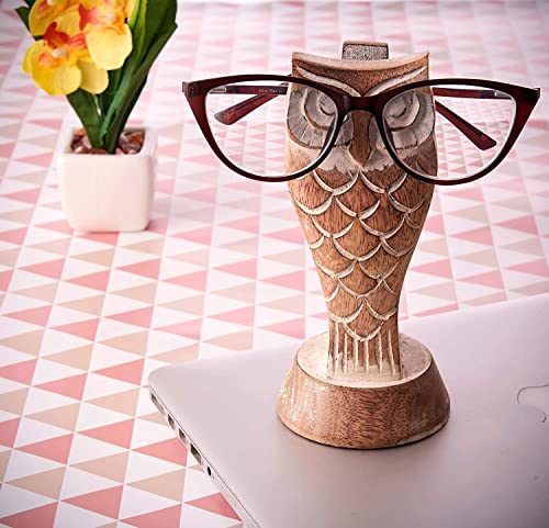 Eximious India Wooden Owl Glasses Holder Stand Reading Nightstand Eyeglass Retainer Gifts for Women Men Mom Dad Car SPWW02