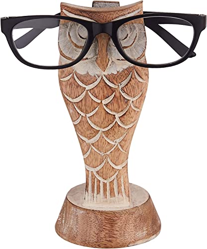 Eximious India Wooden Owl Glasses Holder Stand Reading Nightstand Eyeglass Retainer Gifts for Women Men Mom Dad Car SPWW02