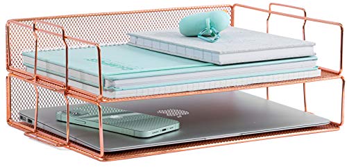 Rose Gold Letter Tray - 2 Tier Rose Gold Desk Organizer for Women, Stackable Paper Tray Organizer, File Organizer for Home Office and Desk Accessories