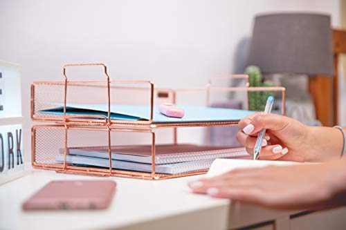 Rose Gold Letter Tray - 2 Tier Rose Gold Desk Organizer for Women, Stackable Paper Tray Organizer, File Organizer for Home Office and Desk Accessories