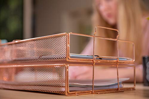 Rose Gold Letter Tray - 2 Tier Rose Gold Desk Organizer for Women, Stackable Paper Tray Organizer, File Organizer for Home Office and Desk Accessories