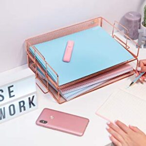 Rose Gold Letter Tray - 2 Tier Rose Gold Desk Organizer for Women, Stackable Paper Tray Organizer, File Organizer for Home Office and Desk Accessories