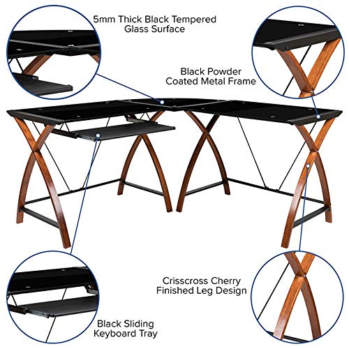 Flash Furniture Jude Black Glass L-Shape Corner Computer Desk with Pull-Out Keyboard Tray