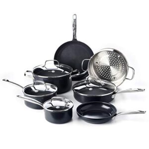 greenpan chatham black prime midnight hard anodized healthy ceramic nonstick 11 piece cookware pots and pans set, pfas-free, dishwasher safe, oven safe, black