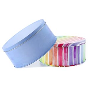 cornucopia cookie tins (set of 2, blue and rainbow); round baking and cake tins for easter, special occasion and holidays, 7.75-inch wide by 3.6-inch tall