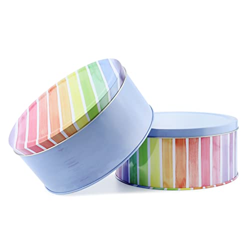 Cornucopia Cookie Tins (Set of 2, Blue and Rainbow); Round Baking and Cake Tins for Easter, Special Occasion and Holidays, 7.75-Inch Wide by 3.6-Inch Tall