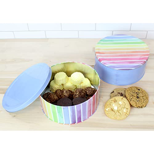 Cornucopia Cookie Tins (Set of 2, Blue and Rainbow); Round Baking and Cake Tins for Easter, Special Occasion and Holidays, 7.75-Inch Wide by 3.6-Inch Tall