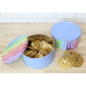 Cornucopia Cookie Tins (Set of 2, Blue and Rainbow); Round Baking and Cake Tins for Easter, Special Occasion and Holidays, 7.75-Inch Wide by 3.6-Inch Tall