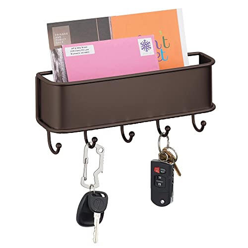 mDesign Wall Mount Metal Entryway Storage Organizer Mail Sorter Basket with 5 Hooks - Letter, Magazine, Coat, Leash and Key Holder for Entryway, Mudroom, Hallway, Kitchen, Office - Bronze