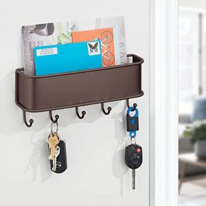 mDesign Wall Mount Metal Entryway Storage Organizer Mail Sorter Basket with 5 Hooks - Letter, Magazine, Coat, Leash and Key Holder for Entryway, Mudroom, Hallway, Kitchen, Office - Bronze