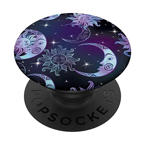 Black base Teal Purple Sun Moon Stars Boho Bohemian Pattern PopSockets PopGrip: Swappable Grip for Phones & Tablets