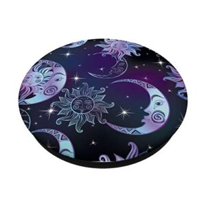 Black base Teal Purple Sun Moon Stars Boho Bohemian Pattern PopSockets PopGrip: Swappable Grip for Phones & Tablets