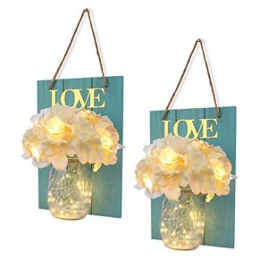 fineusea set of 2 mason jars sconce, rustic home decor wall wood art sconces hydrangea flowers led fairy lights for country house office dining room decor (blue)