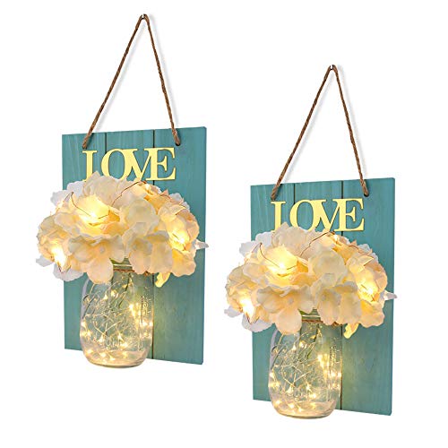 FineUsea Set of 2 Mason Jars Sconce, Rustic Home Decor Wall Wood Art Sconces Hydrangea Flowers LED Fairy Lights for Country House Office Dining Room Decor (Blue)