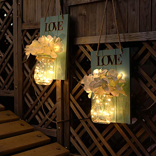 FineUsea Set of 2 Mason Jars Sconce, Rustic Home Decor Wall Wood Art Sconces Hydrangea Flowers LED Fairy Lights for Country House Office Dining Room Decor (Blue)