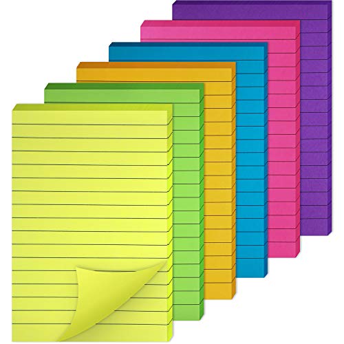 6 Pieces Sticky Notes Lined Self Sticky Notes Lined Colorful Lined Post Memos for Office, School and Home, 50 Sheets (Bright Neon Colors, 4 x 6 Inch)