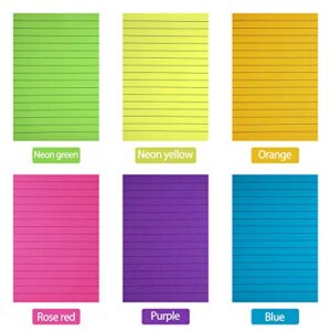 6 Pieces Sticky Notes Lined Self Sticky Notes Lined Colorful Lined Post Memos for Office, School and Home, 50 Sheets (Bright Neon Colors, 4 x 6 Inch)