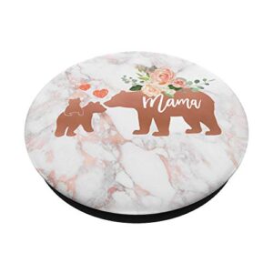 Mama Bear 2 Baby Cubs and Hearts Rose Pink Watercolor Floral PopSockets PopGrip: Swappable Grip for Phones & Tablets