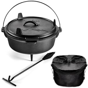 uno casa 6qt cast iron camping dutch oven with lid lifter and storage bag - cast iron dutch oven pot with lid, cast iron camping cookware, camping oven - campfire cooking equipment