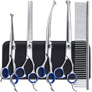 gimars 6 in 1 professional 4cr stainless steel grooming scissors for dogs with safety round tip, heavy duty titanium coated pet grooming scissor for dogs, cats and other animals