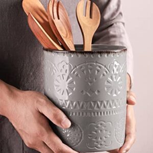 DOWAN Utensil Holder, 7.2" Extra Large Kitchen Utensil Crock for Countertop, Farmhouse Ceramic Utensil Organizer, Anti Slip & Scratch Cork Bottom, Grey Utensil Storage for Home Décor Gifts