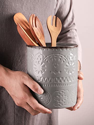 DOWAN Utensil Holder, 7.2" Extra Large Kitchen Utensil Crock for Countertop, Farmhouse Ceramic Utensil Organizer, Anti Slip & Scratch Cork Bottom, Grey Utensil Storage for Home Décor Gifts