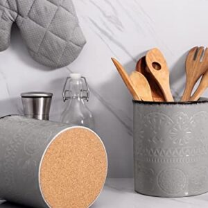 DOWAN Utensil Holder, 7.2" Extra Large Kitchen Utensil Crock for Countertop, Farmhouse Ceramic Utensil Organizer, Anti Slip & Scratch Cork Bottom, Grey Utensil Storage for Home Décor Gifts