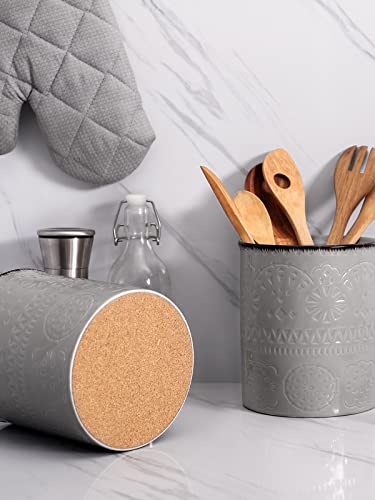 DOWAN Utensil Holder, 7.2" Extra Large Kitchen Utensil Crock for Countertop, Farmhouse Ceramic Utensil Organizer, Anti Slip & Scratch Cork Bottom, Grey Utensil Storage for Home Décor Gifts