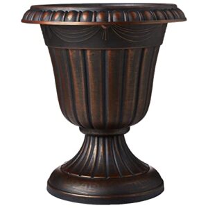 arcadia garden products pl10cp classic traditional plastic urn planter indoor/outdoor, 15" x 13", brushed copper