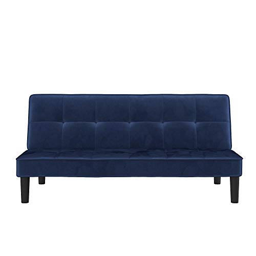 REALROOMS Tyler Velvet Upholstered Futon, Convertible Sofa Bed & Couch, Blue