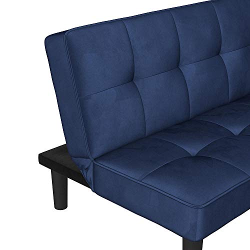 REALROOMS Tyler Velvet Upholstered Futon, Convertible Sofa Bed & Couch, Blue