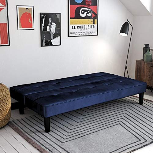 REALROOMS Tyler Velvet Upholstered Futon, Convertible Sofa Bed & Couch, Blue