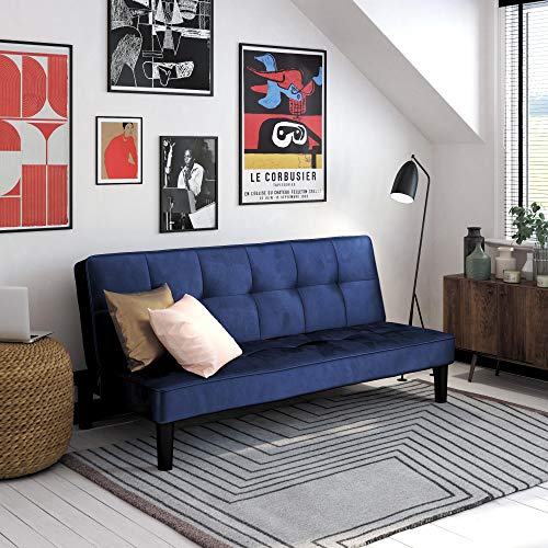 REALROOMS Tyler Velvet Upholstered Futon, Convertible Sofa Bed & Couch, Blue