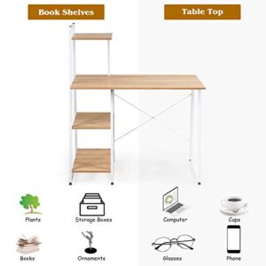 Tangkula Computer Desk with 4 Tier Shelves, Writing Desk Study Desk, Compact Computer Desk Workstation with X-Shaped Metal Frame & Adjustable Foot Pads, Home Office Desk (Natural)