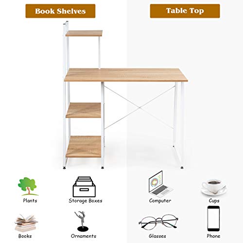 Tangkula Computer Desk with 4 Tier Shelves, Writing Desk Study Desk, Compact Computer Desk Workstation with X-Shaped Metal Frame & Adjustable Foot Pads, Home Office Desk (Natural)