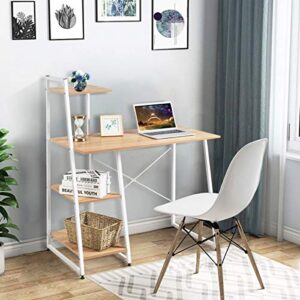 Tangkula Computer Desk with 4 Tier Shelves, Writing Desk Study Desk, Compact Computer Desk Workstation with X-Shaped Metal Frame & Adjustable Foot Pads, Home Office Desk (Natural)