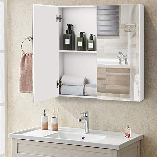 Tangkula Bathroom Medicine Cabinet, 2-Tier Wall-Mounted Storage Cabinet with Double Mirror Doors, Multipurpose Kitchen Bathroom Medicine Storage Cabinet, White (24.5" x 25.5")