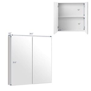 Tangkula Bathroom Medicine Cabinet, 2-Tier Wall-Mounted Storage Cabinet with Double Mirror Doors, Multipurpose Kitchen Bathroom Medicine Storage Cabinet, White (24.5" x 25.5")