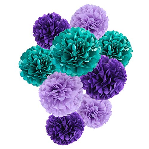 Paper Pom Poms Flowers Mermaid Party Under The Sea Decor Birthday Baby Shower Wedding Party Decoration 9pcs (Purple Teal Lilac)