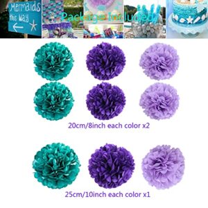 Paper Pom Poms Flowers Mermaid Party Under The Sea Decor Birthday Baby Shower Wedding Party Decoration 9pcs (Purple Teal Lilac)