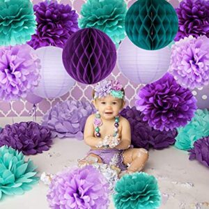 Paper Pom Poms Flowers Mermaid Party Under The Sea Decor Birthday Baby Shower Wedding Party Decoration 9pcs (Purple Teal Lilac)