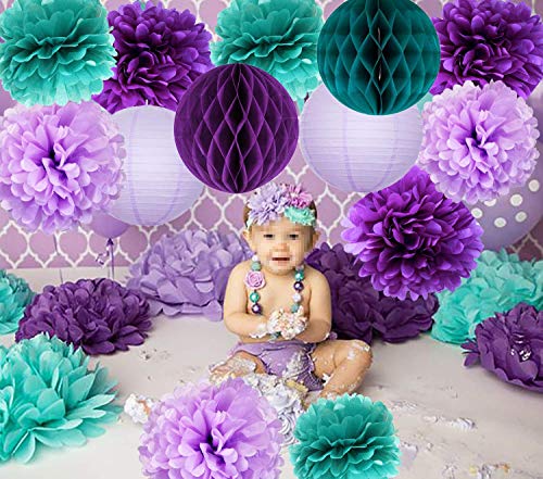 Paper Pom Poms Flowers Mermaid Party Under The Sea Decor Birthday Baby Shower Wedding Party Decoration 9pcs (Purple Teal Lilac)