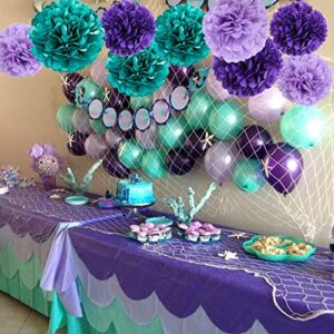 Paper Pom Poms Flowers Mermaid Party Under The Sea Decor Birthday Baby Shower Wedding Party Decoration 9pcs (Purple Teal Lilac)