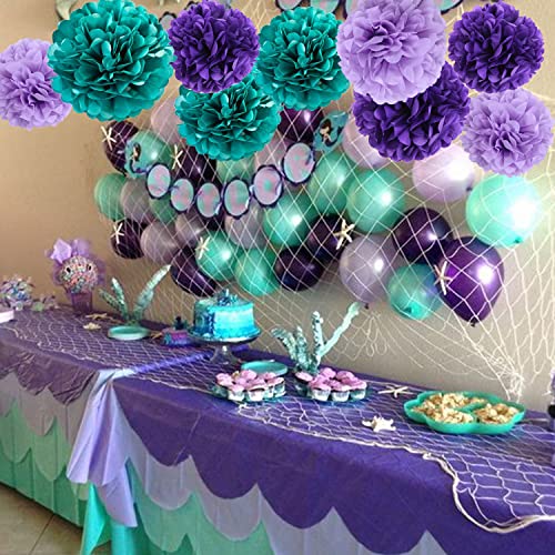 Paper Pom Poms Flowers Mermaid Party Under The Sea Decor Birthday Baby Shower Wedding Party Decoration 9pcs (Purple Teal Lilac)